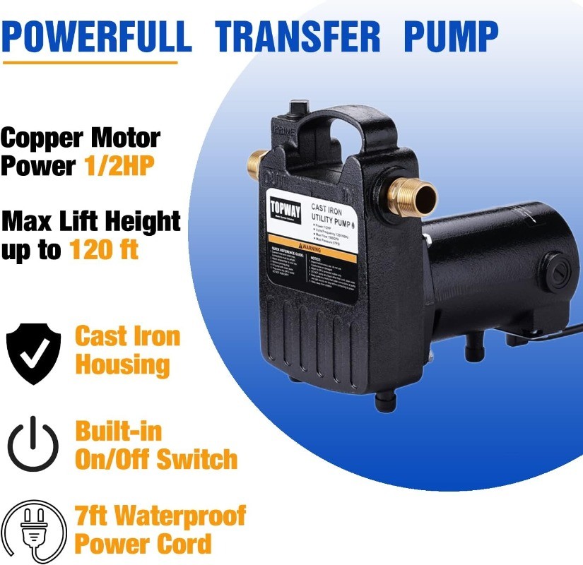 1/2HP 1560GPH Portable Cast Iron High Pressure Utility Transfer Water ...