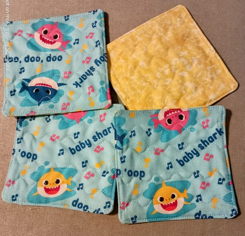 4 BABY SHARK Coasters Mug Rugs 4.5" x 4.5" Quilted & Hand Made "doo ...