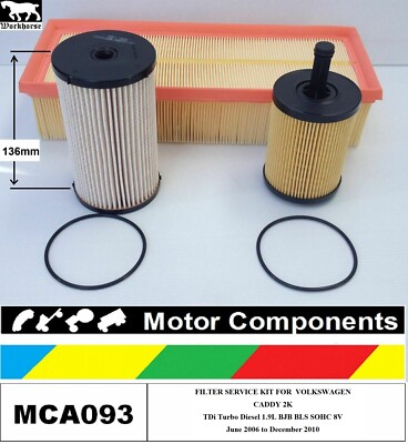 FILTER SERVICE KIT VW CADDY 2K TDi Turbo Diesel 1.9L BJB BLS SOHC 8V 06 ...