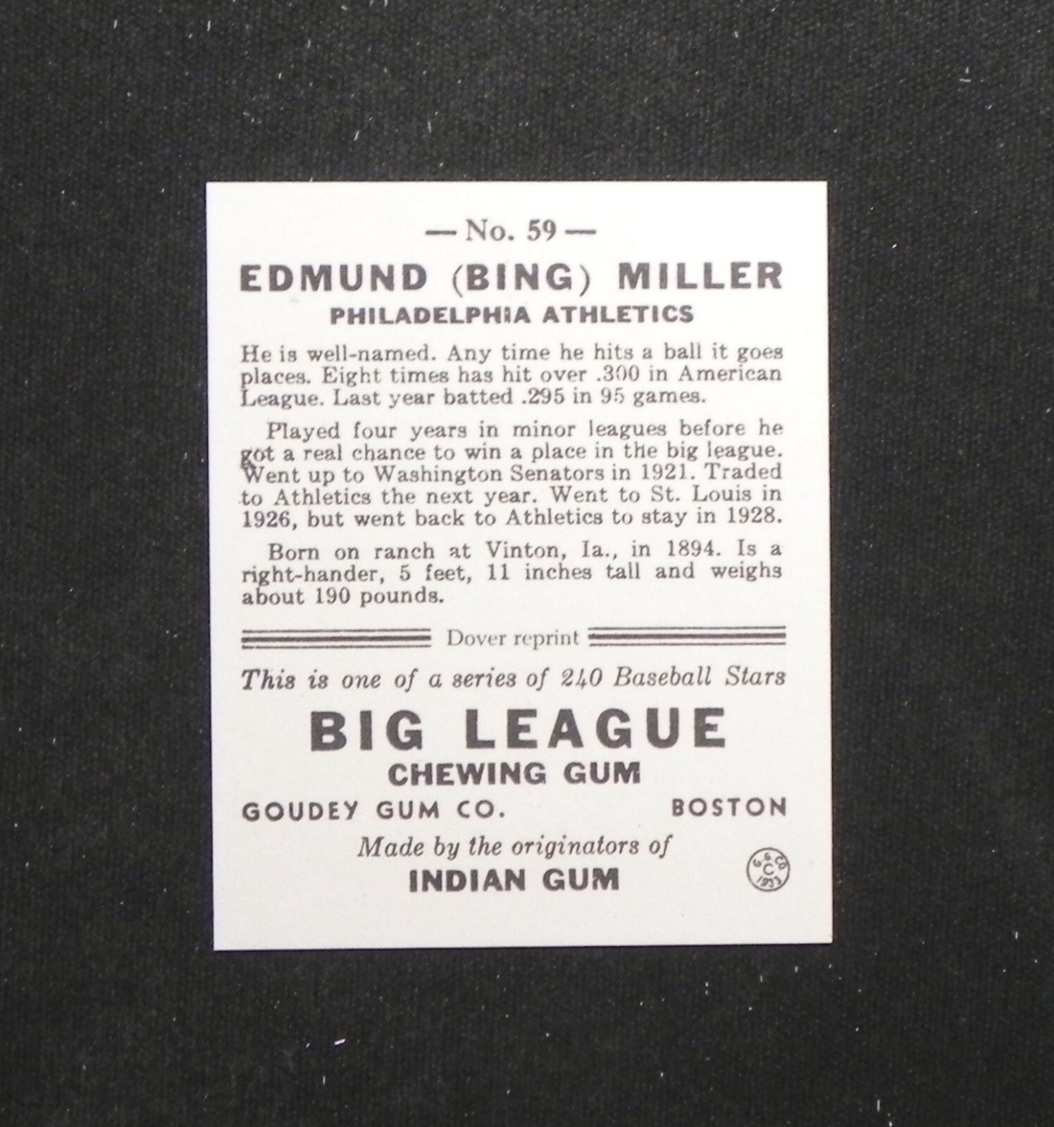 Bing Miller 1933 GOUDEY GUM COMPANY Dover Reprint Card #59 _ Exact Card ...