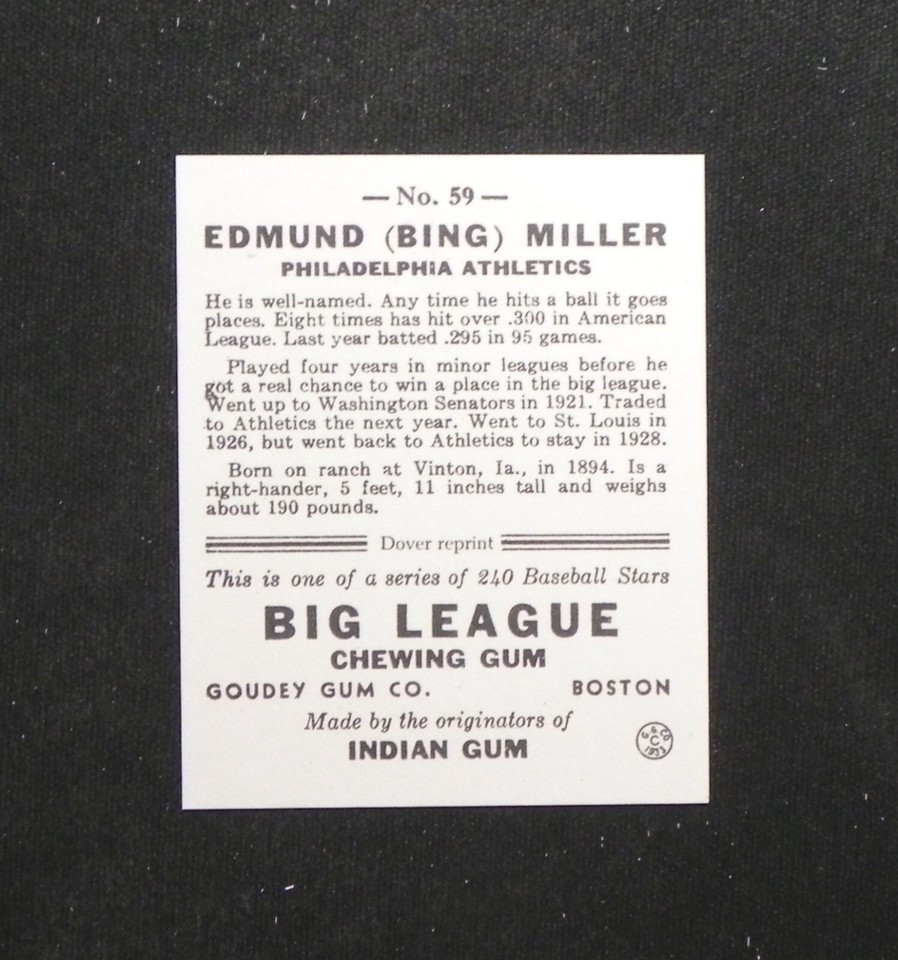 Bing Miller 1933 GOUDEY GUM COMPANY Dover Reprint Card #59 _ Exact Card ...