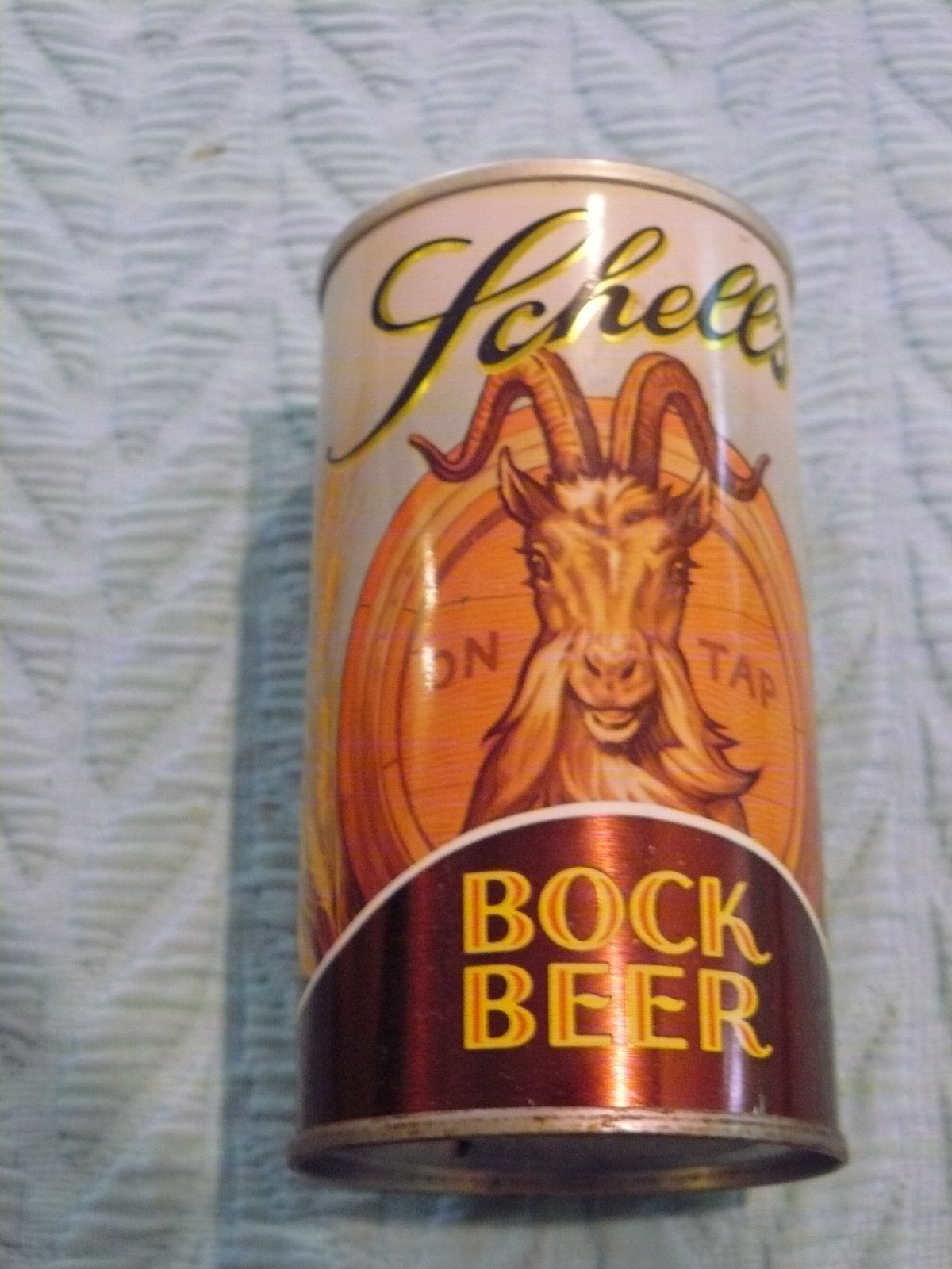 Multi-color Blue/Tan SCHELL'S BOCK BEER Can Tab bottom OPEN empty STEEL ...