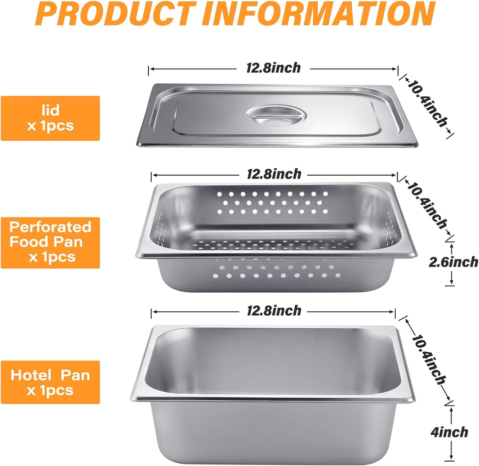 3 Pack Half Size 2.6 Inch, 4 Inch Hotel Pan with Lid Perforated Steam ...