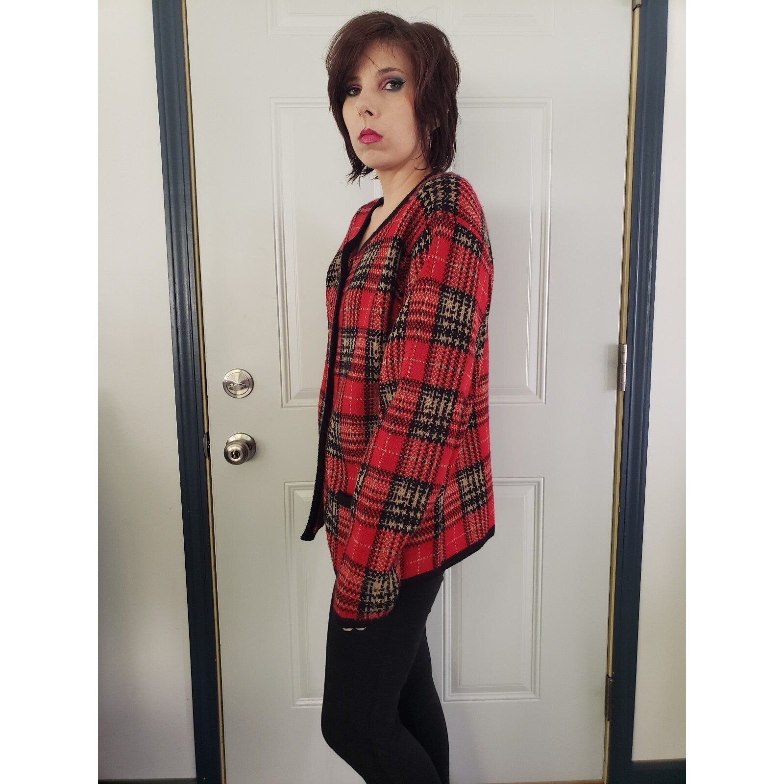 80s Red and Tan Plaid Oversize Cardigan - Gem