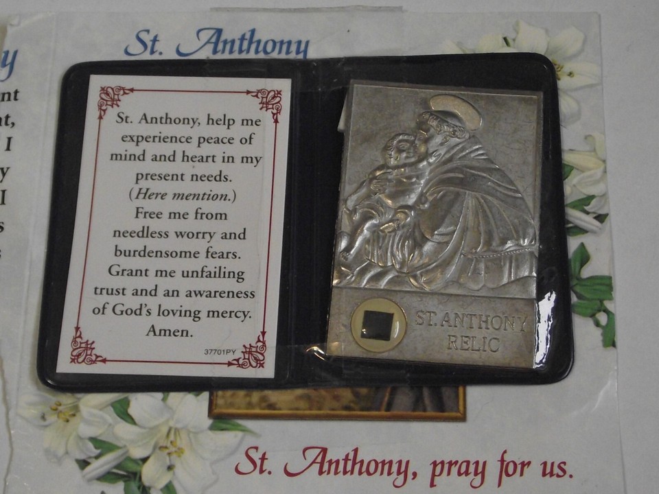 Vtg St Saint Anthony relic plaque pocket prayer folder shrine medal on ...