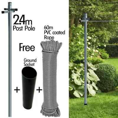2.4M Heavy Duty Galvanized Washing Line Post Pole Clothes Line Socket ...