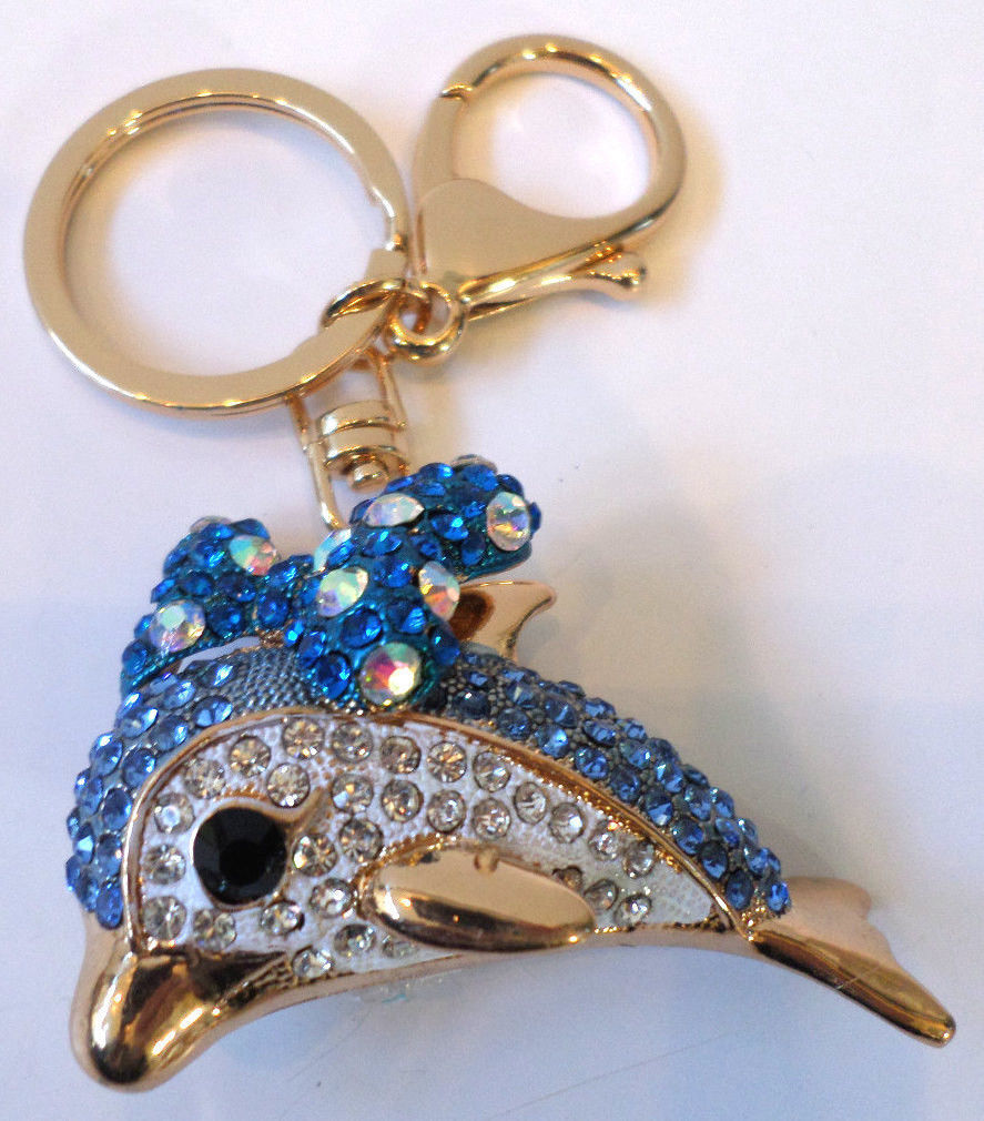 Rhinestone Bling Key Chain Fob Phone Purse Charm Blue Dolphin With Bow ...