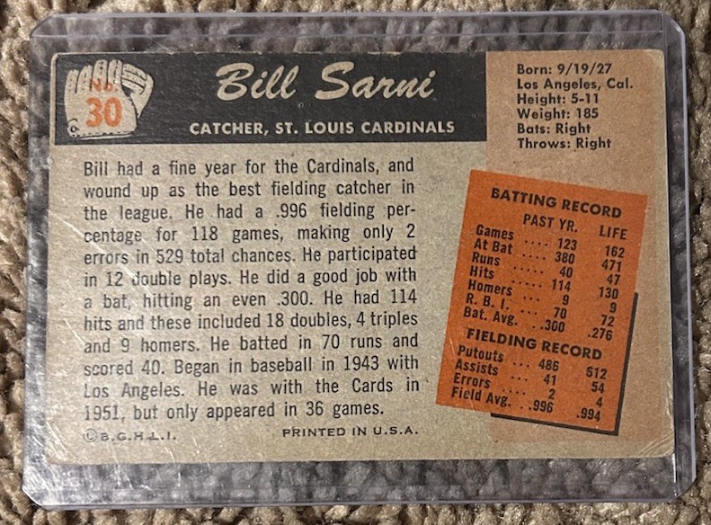Autographed 1955 Bowman - Bill Sarni #30 St Louis Cardinals | eBay