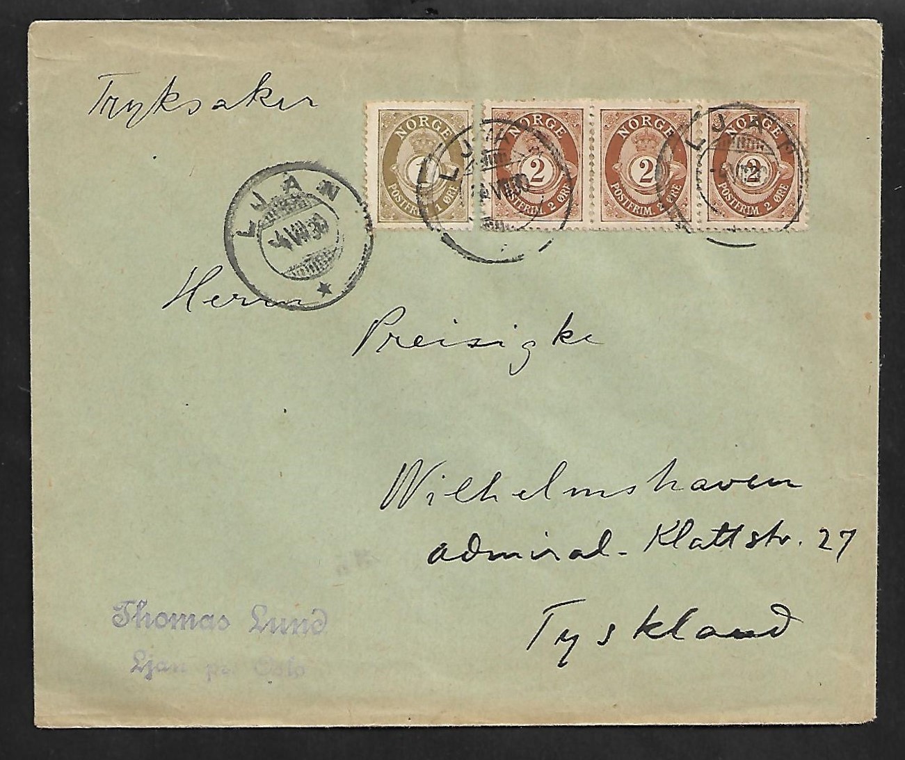 NORWAY LJAN TO TYSKLAND POSTHORN STRIP OF 3 + 1 ON LOCAL POST COVER ...