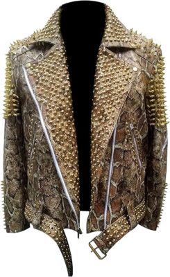 Snakeskin Print Python Textured Studded Spike Brando Motorcycle Leather ...