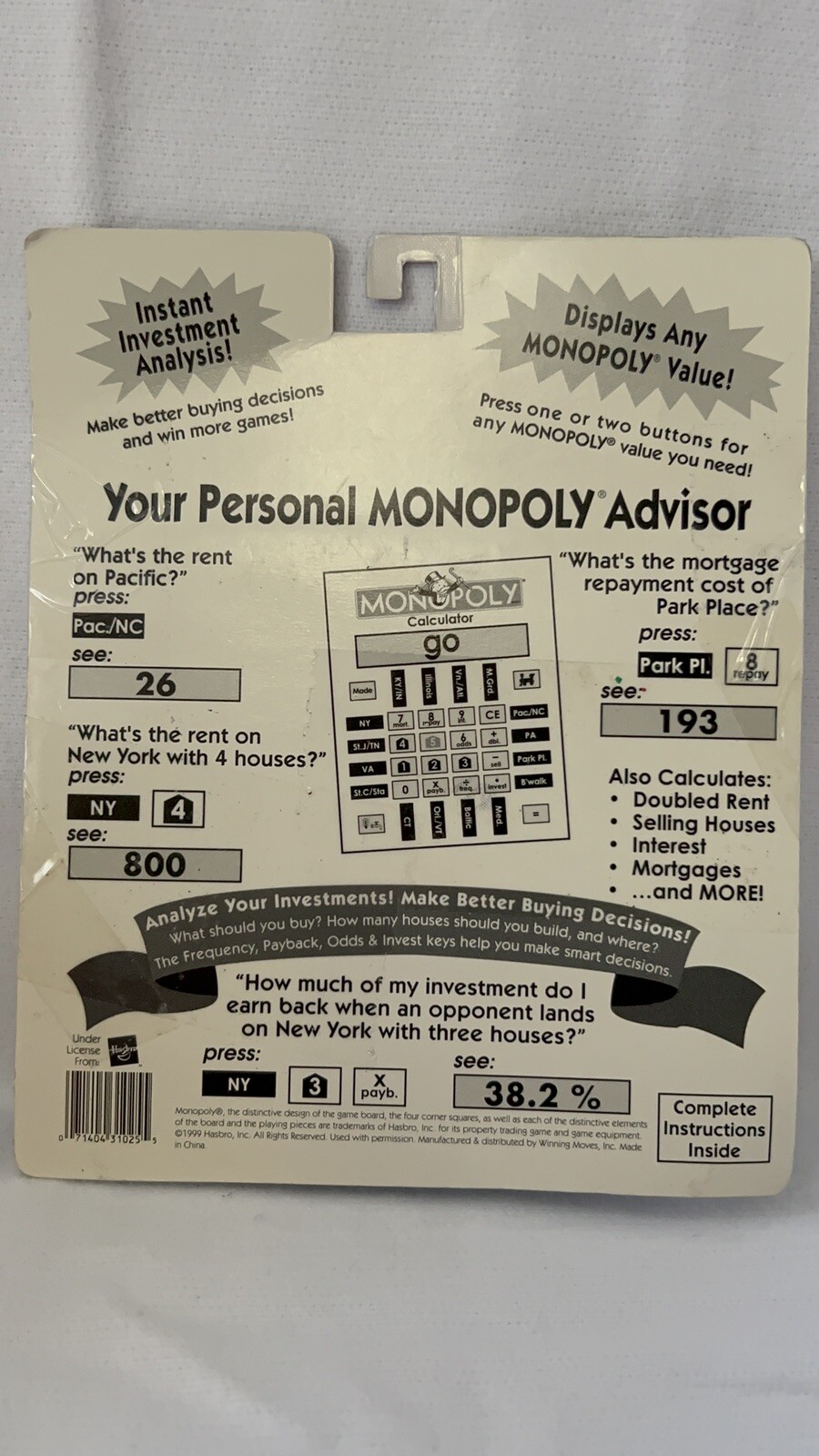 Hasbro Monopoly Game Calculator Personal Advisor Vintage 1999 for sale ...
