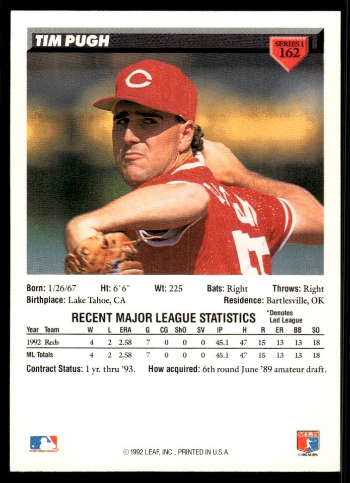 1993 Donruss Baseball Card Tim Pugh Rookie Cincinnati Reds #162 | eBay
