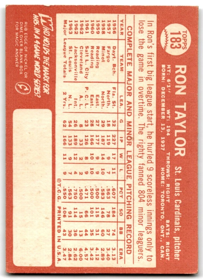 1964 Topps Ron Taylor Baseball Cards #183 | eBay