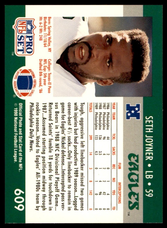 1990 Pro Set Seth Joyner Philadelphia Eagles #609 | eBay