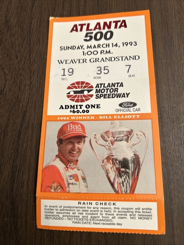 March 14 1993 NASCAR Atlanta 500 Ticket Atlanta Motor Speedway Bill ...