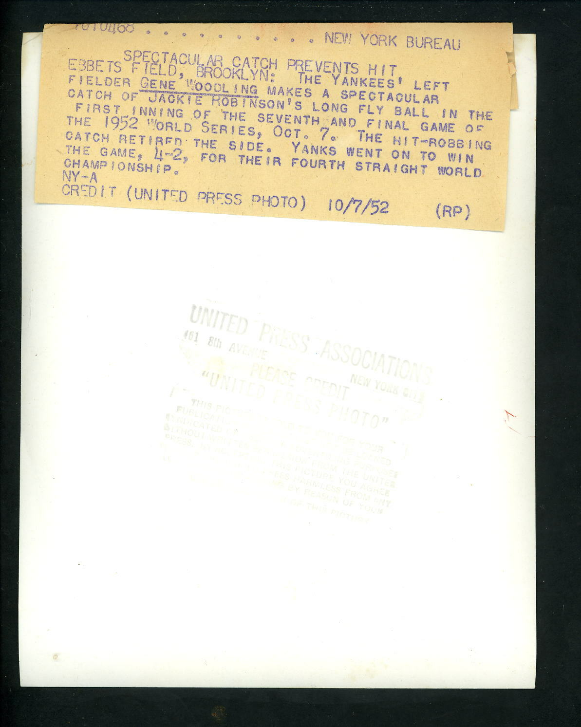 Gene Woodling great catch 1952 World Series Type 1 Press Photo New York ...