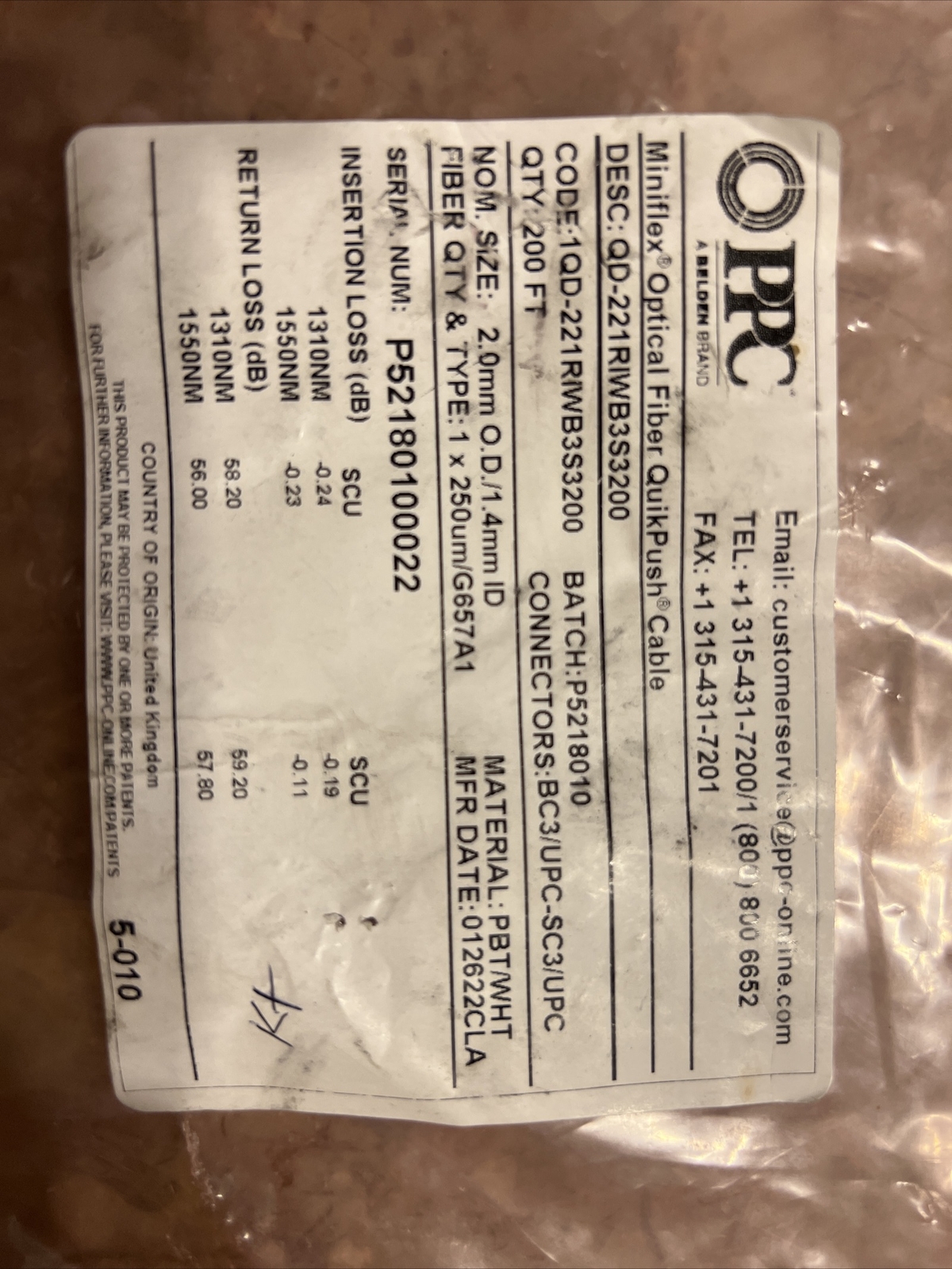 PPC QP-093-PB-BC5-BLK-SC5-300F Miniflex Optical Fiber QuikPush Cable ...