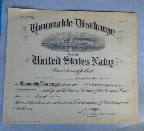 US Navy Honorable Discharge certificate | eBay