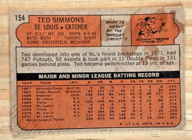 1972 TOPPS TED SIMMONS CARD#154 ST LOUIS CARDINALS MILWAUKEE BREWERS ...