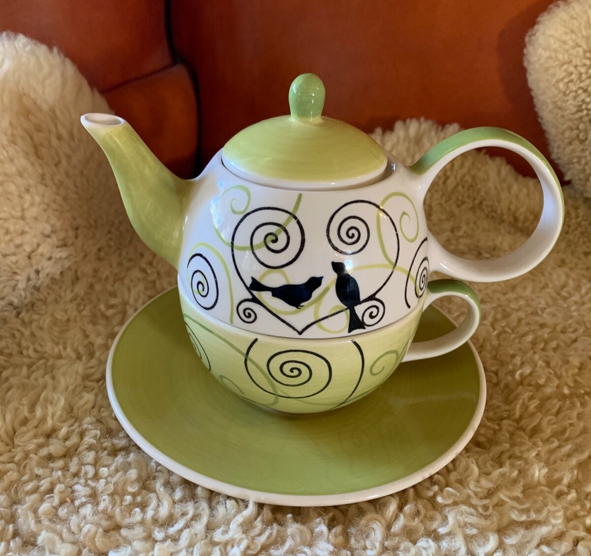 CHA CULT TEA FOR ONE BLACK GREEN SWIRL AND BIRDS HANDPAINTED PATTERN ...