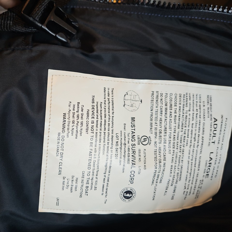 Mustang Survival Mens Blue Flotation Jacket MJ6214 Rescue Adult Large ...