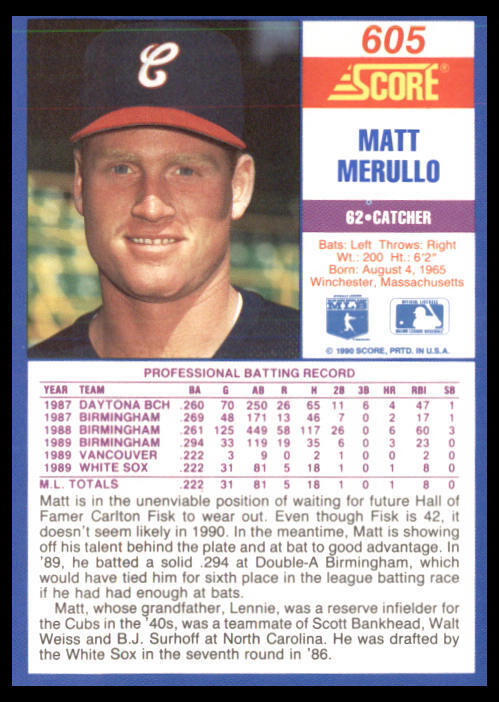1990 Score #605 Matt Merullo Chicago White Sox Baseball Card | eBay