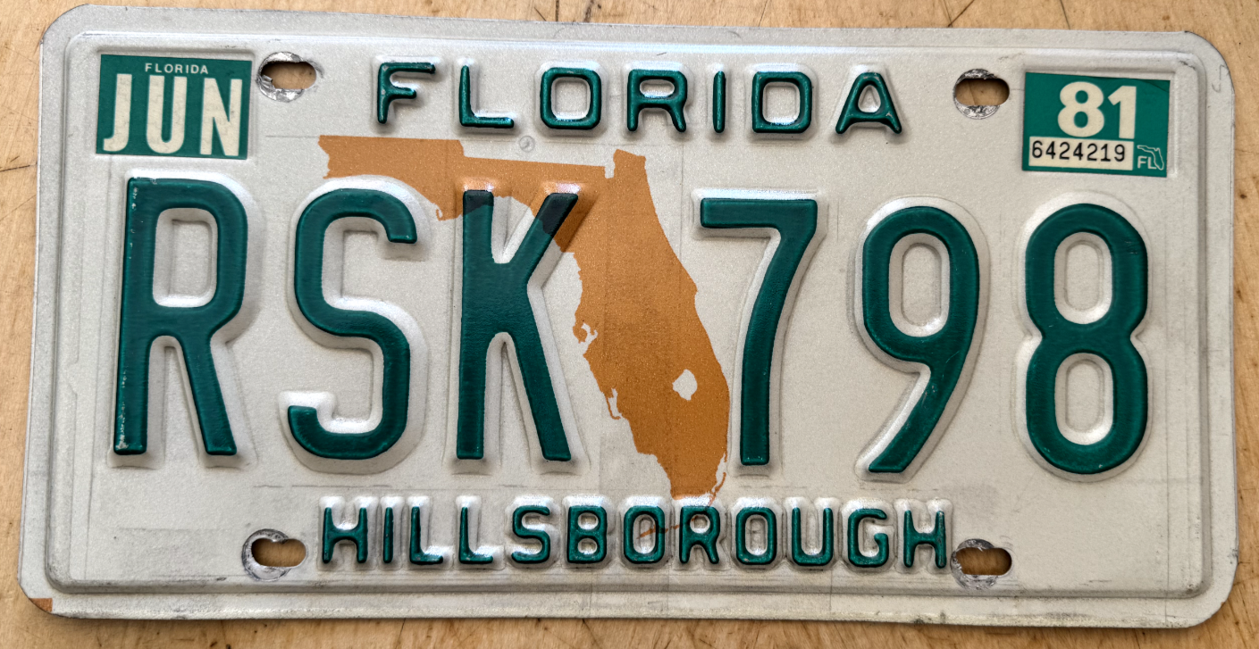 1981 FLORIDA PASSENGER AUTO LICENSE PLATE " RSK 798 " FL 81 ...