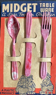 Early Marbleized Plastic Midget Table Ware Set on Illustrated Card ...