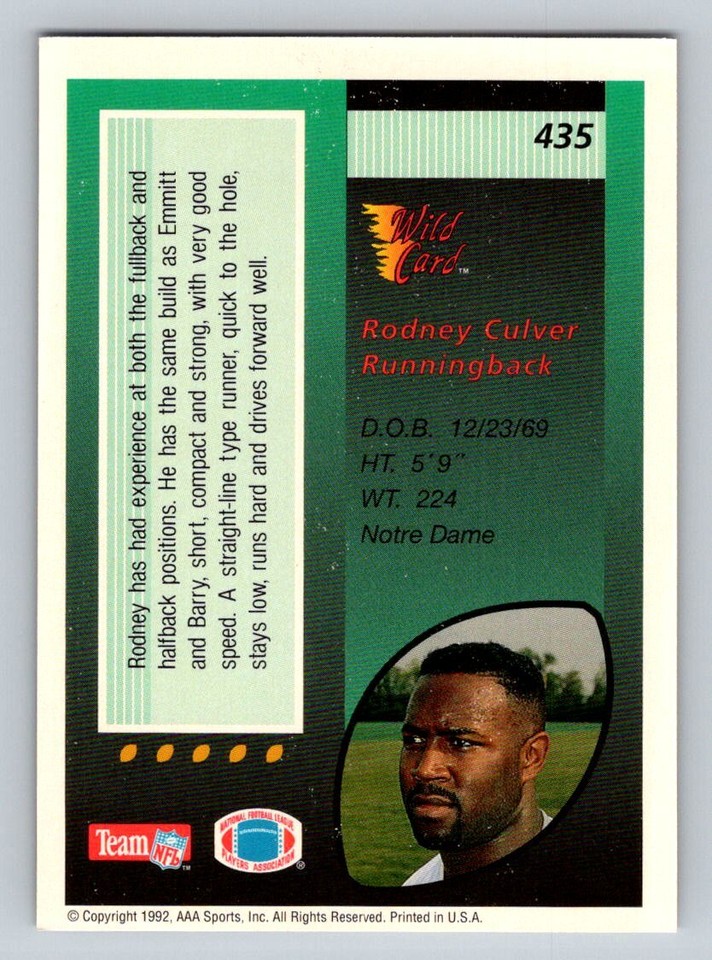 1992 Wild Card Rodney Culver #435 Indianapolis Colts | eBay