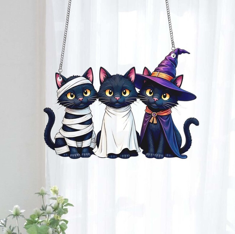 Black Ghost Halloween Suncatcher, Mummy Cat Acrylic Window Hanging ...