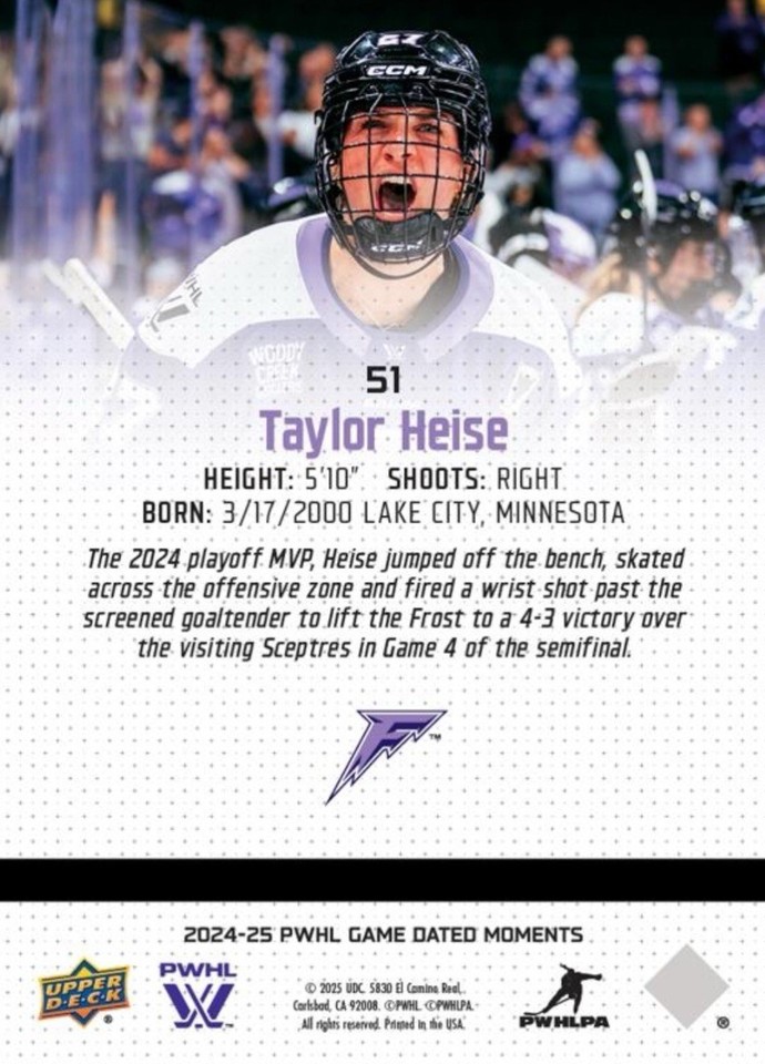 2024-25 Game Dated Moments PWHL Women Hockey TAYLOR HEISE Minnesota ...