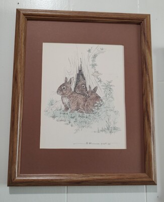 Vintage Bill Neat 1975 Original Pencil Drawing signed Framed Rabbits ...
