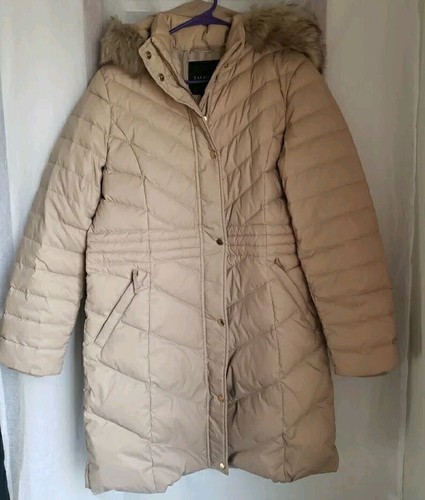 Talbots Women's M Puffer Coat Detachable Fur Trimmed Hood Beige Long ...