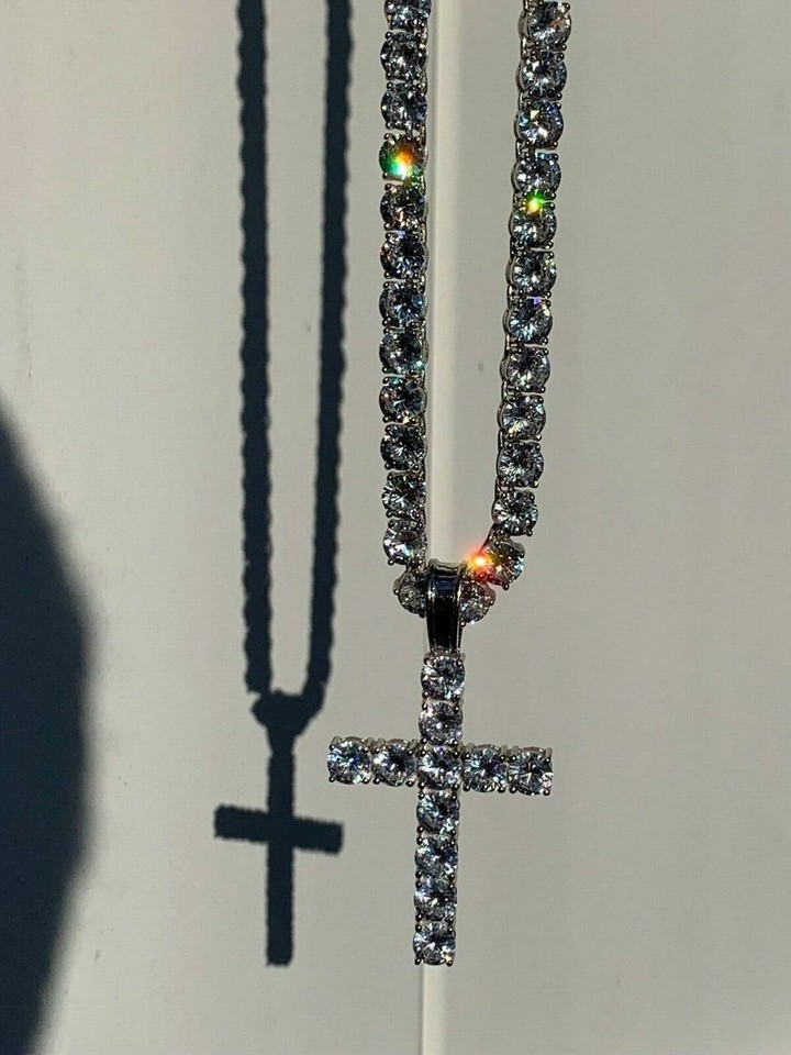 Real Solid 925 Silver 6mm Single Row Tennis Chain W. Cross Icy Bust ...