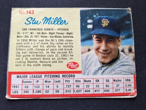 1962 Post Cereal Baseball Card # 143 Stu Miller - San Francisco 49ers ...