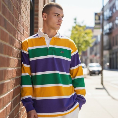 Vintage Crawfish Perlis Mardi Gras Rugby Shirt XS Mens Striped Long ...