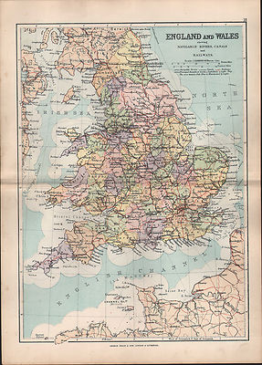 1895 VICTORIAN MAP ENGLAND & WALES RIVERS CANALS RAILWAYS MIDLAND GREAT ...