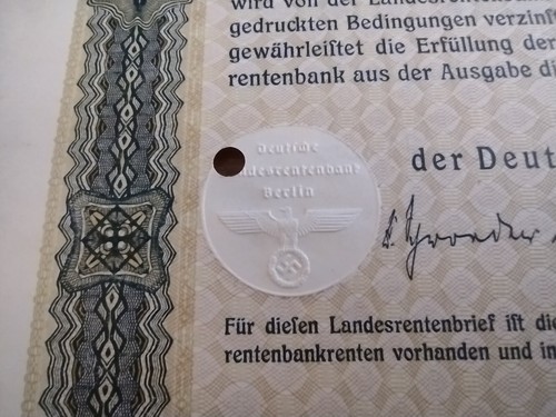 1939 Nazi German 1000 Reichsmark Pension Fund Treasury Bond with ...