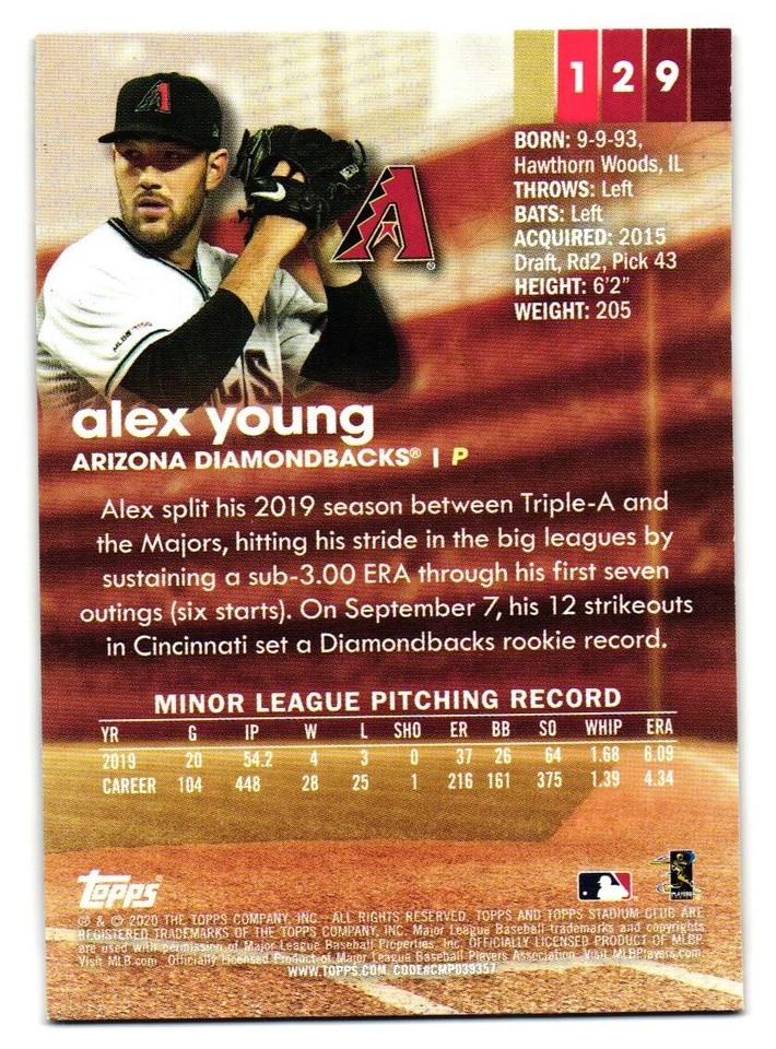 2020 Stadium Club # 129 Alex Young Arizona Diamondbacks | eBay