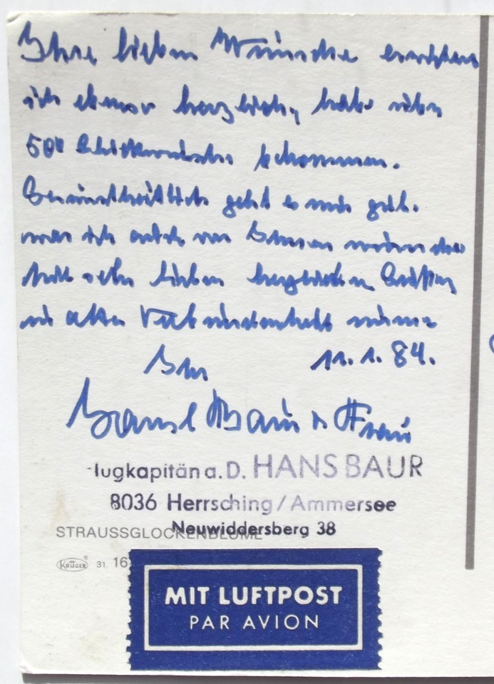 Hans Baur World War II German Pilot Signed Autograph | eBay
