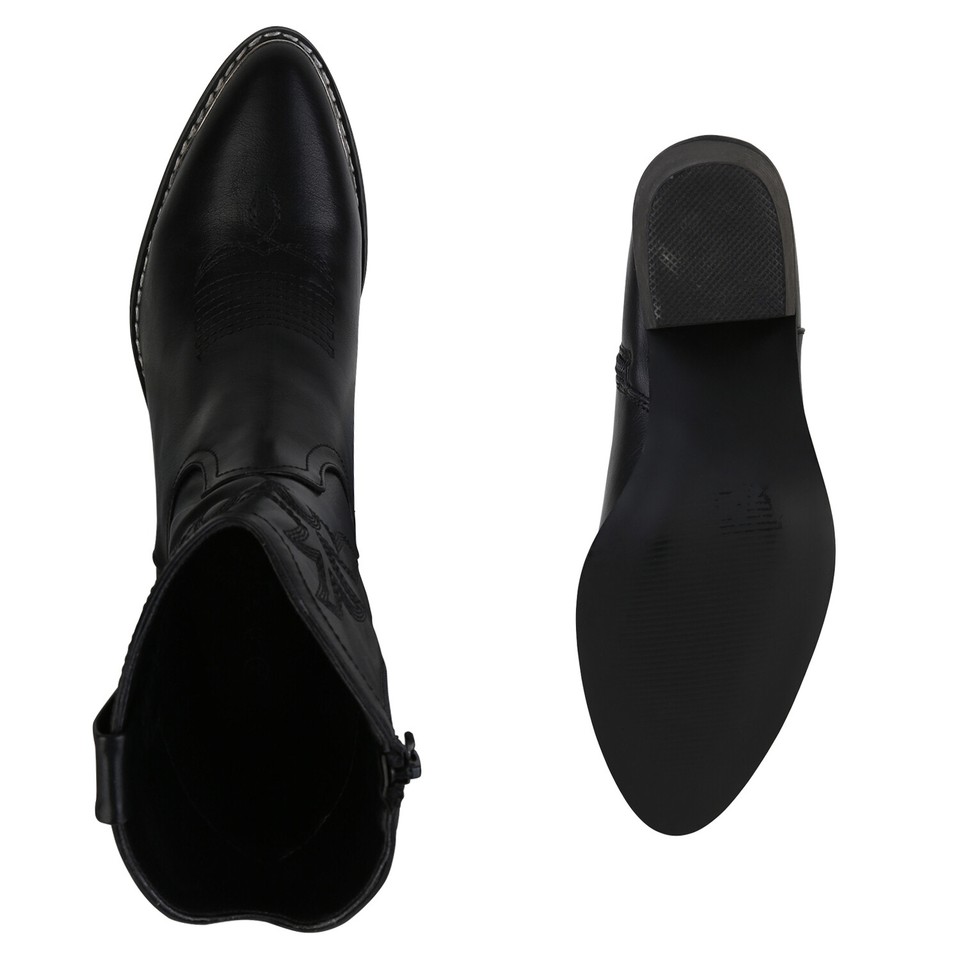 Damen Cowboy Boots Stiefeletten Stickereien Holzoptikabsatz 839934 ...
