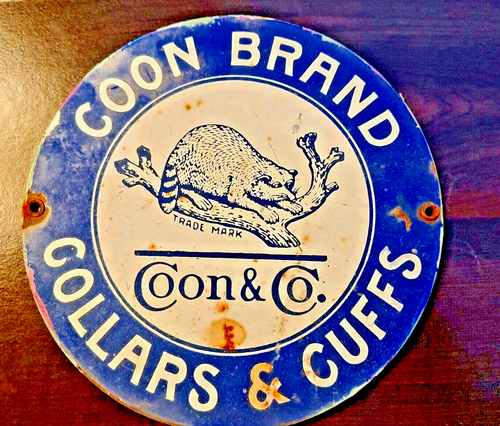 VINTAGE PORCELAIN ADVERTISING SIGN COON BRAND COLLARS & CUFFS RACCOON ...