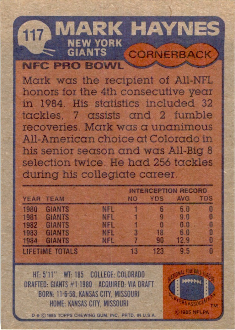 1985 TOPPS! MARK HAYNES NEW YORK GIANTS #117 | eBay