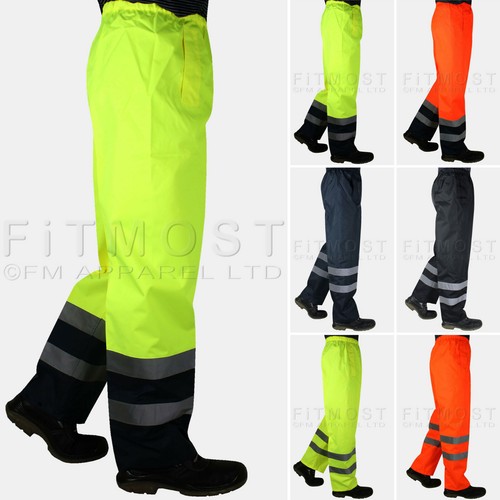 Hi Viz Waterproof Rain Over Trousers Mens Elasticated High Visibility ...