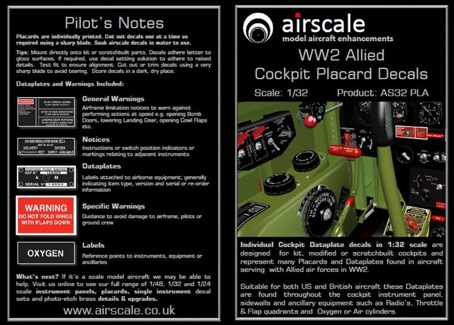 Airscale Model Aircraft Allied Cockpit Placard Decals - 1/32 Scale As32 ...