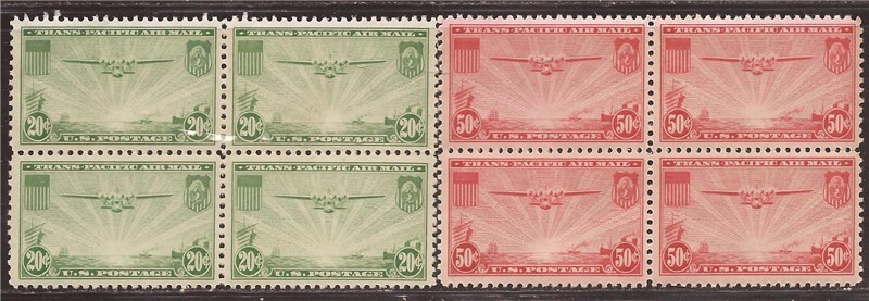 US Stamp - 1937 25c & 50c China Clipper - Blocks of 4 Stamps - MNH #C21 ...