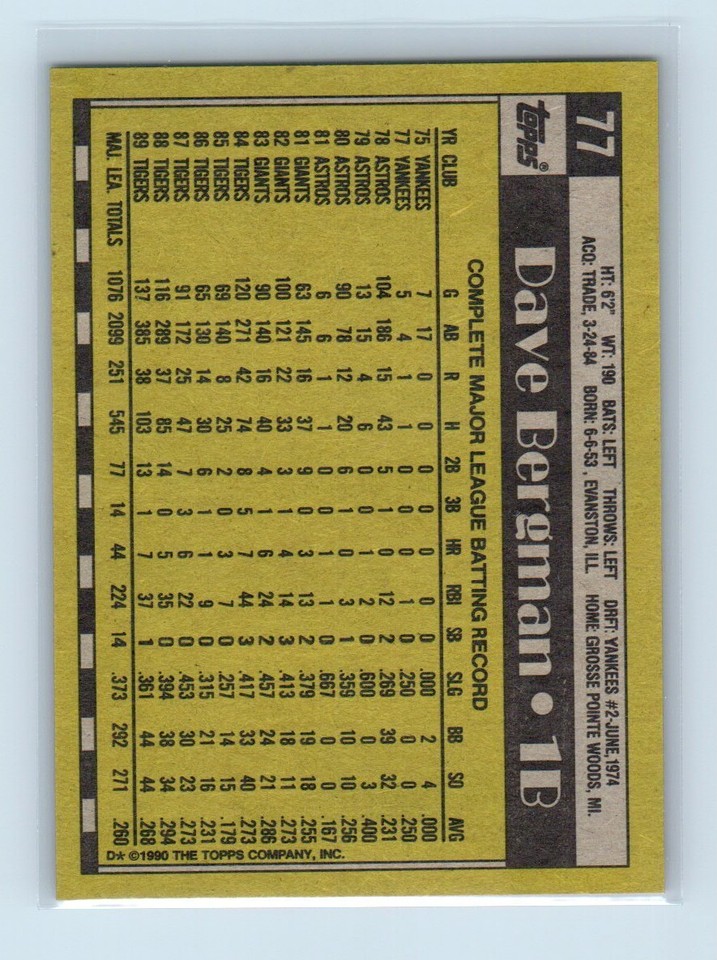 1990 Topps Dave Bergman Detroit Tigers #77 | eBay