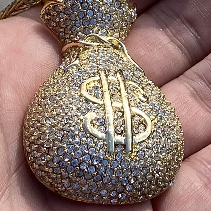 14K Gold Plated Money Bag Dollar Sign Franco CZ Bling Out Big Chain ...