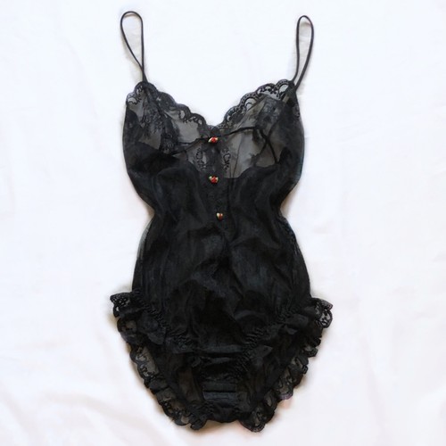 Vintage Black Sheer Lace Mesh Rosebud Ruffle One Piece Bodysuit Teddy ...