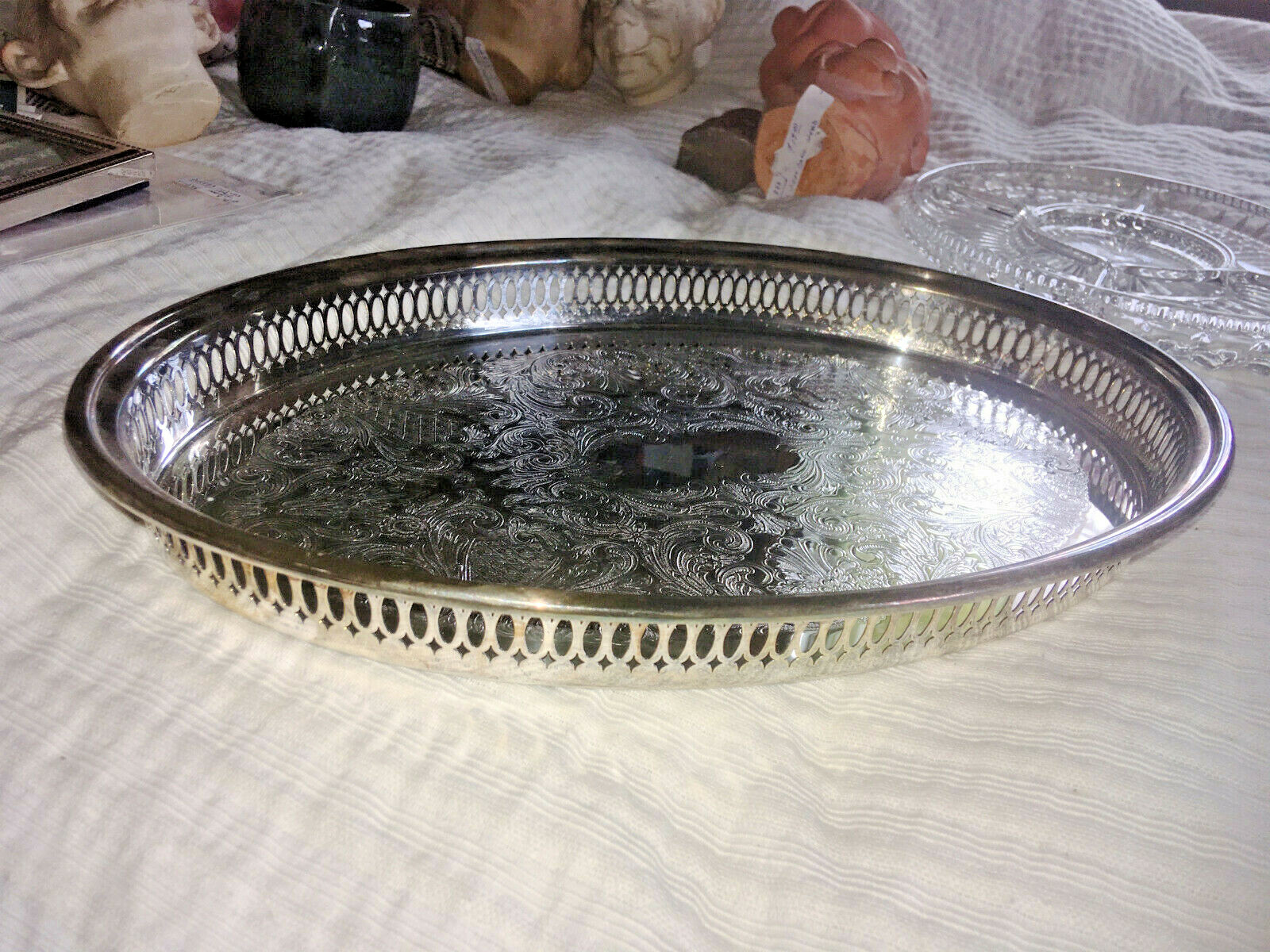 KENT SILVERSMITH 2 Pc-Silver Plate GALLERY TRAY & Glass RELISH INSERT ...